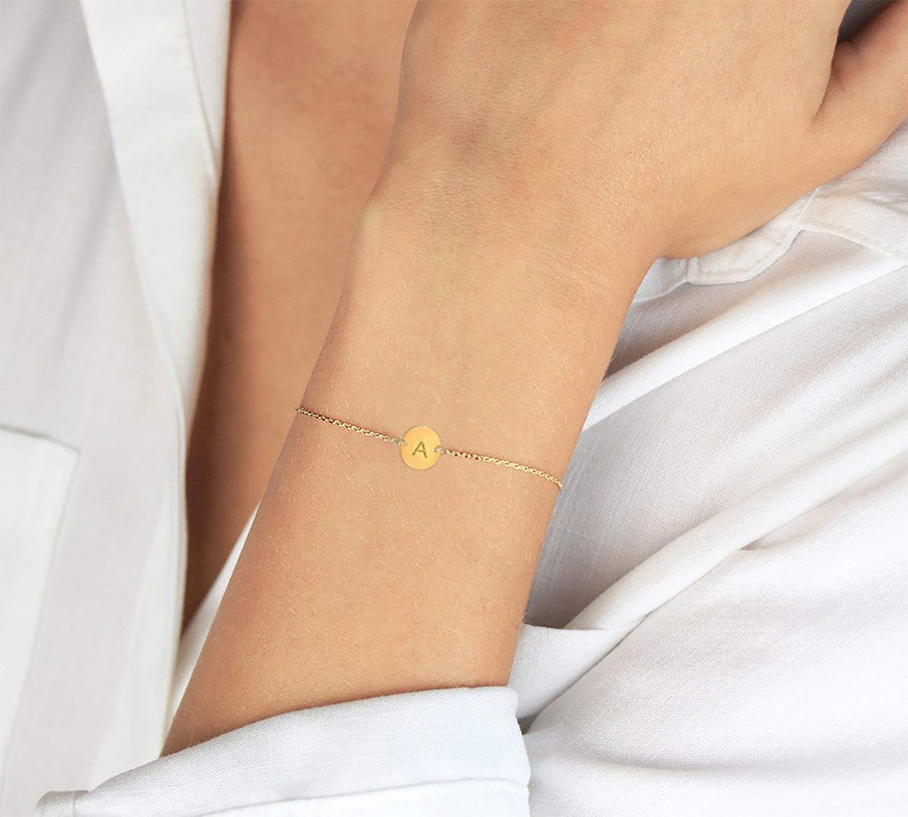 Personalized Initial Bracelet, 18K Gold Plated Stainless Steel Letter C Bracelet Dainty Coin Charm Bracelet Delicate Disc Name Bracelet for Women