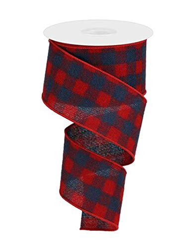 Flannel Check Plaid Wired Edge Ribbon, 10 Yards (Red, Navy, 2.5")