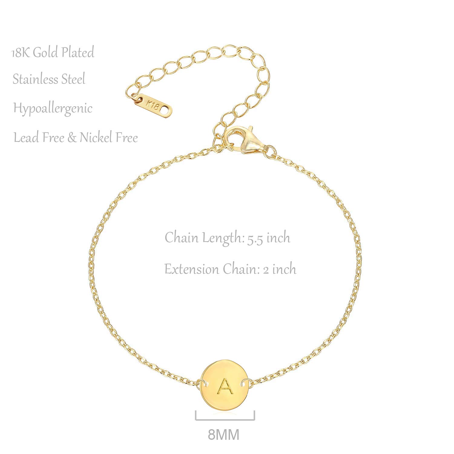 Personalized Initial Bracelet, 18K Gold Plated Stainless Steel Letter C Bracelet Dainty Coin Charm Bracelet Delicate Disc Name Bracelet for Women
