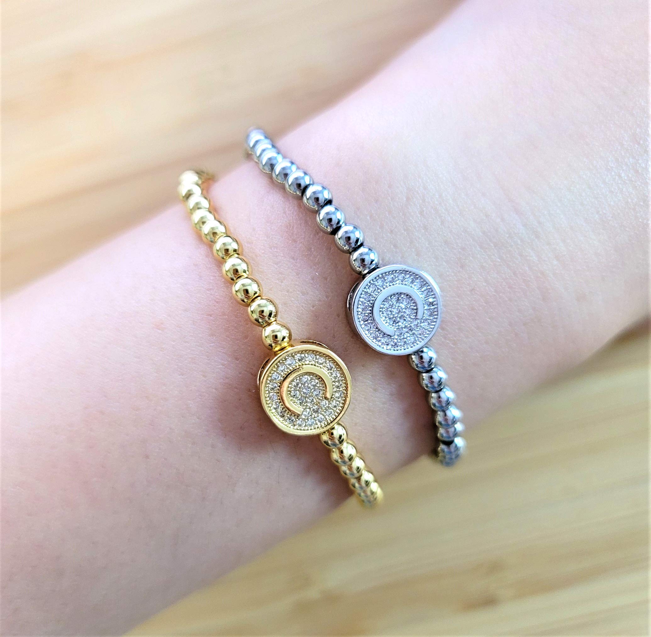 by you Initial Bracelets for Women 26 Letters Alphabet Round Charm Stainless Steel Gold Silver Beaded ball Bracelets (Silver - C)