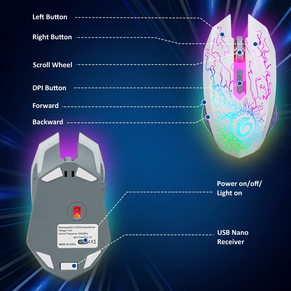 VersionTECH. Wireless Gaming Mouse, Rechargeable Computer Mouse Mice with Colorful LED Lights, Silent Click, 2.4G USB Nano Receiver, 3 Level DPI for PC Gamer Laptop Desktop Chromebook Mac-White