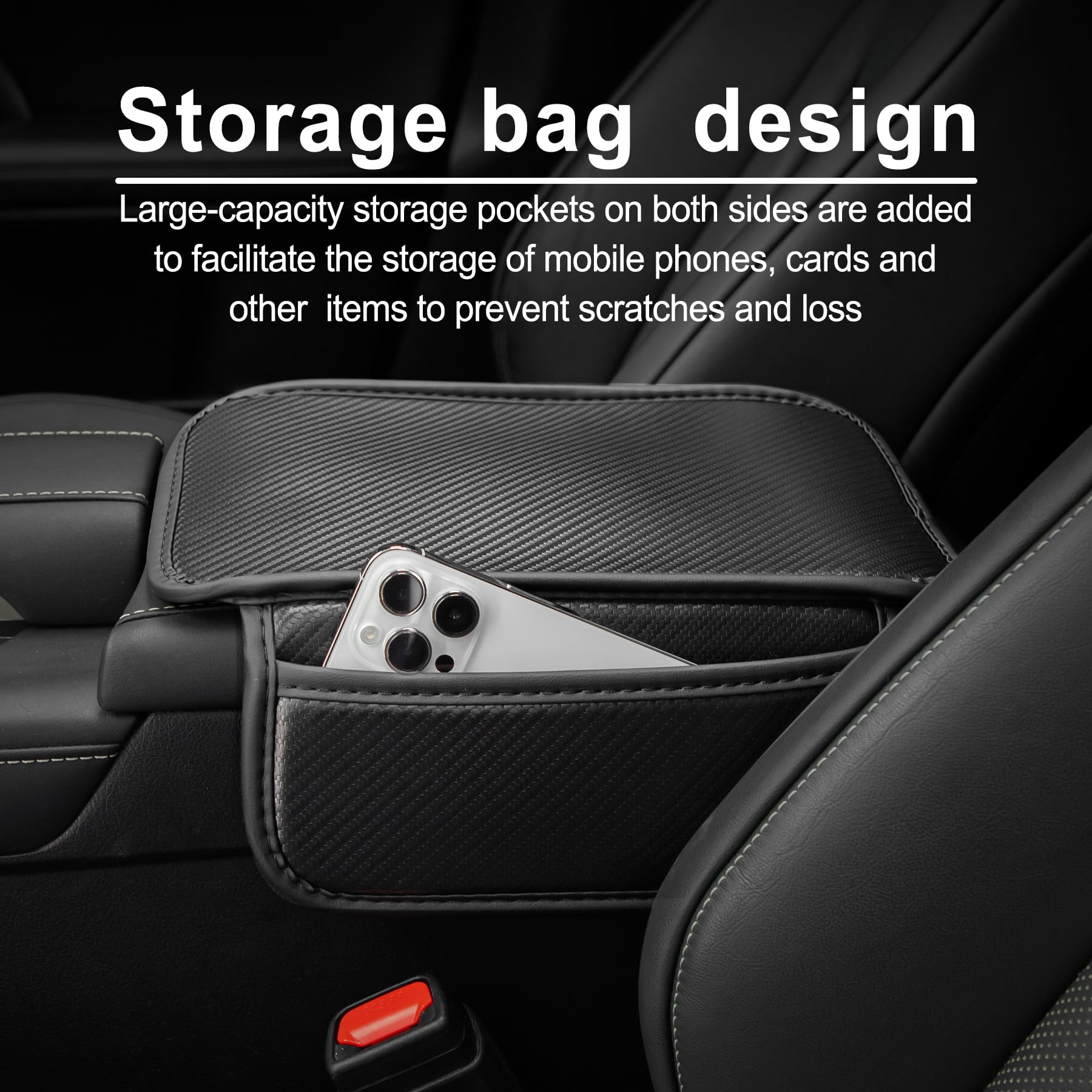 Amiss Auto Center Console Pad, Carbon Fiber PU Leather Armrest Storage Box Cover with Pockets Storage Bag, Car Interior Accessories, Universal Car Armrest Cushion for Most Vehicle, SUV, Truck (Black)
