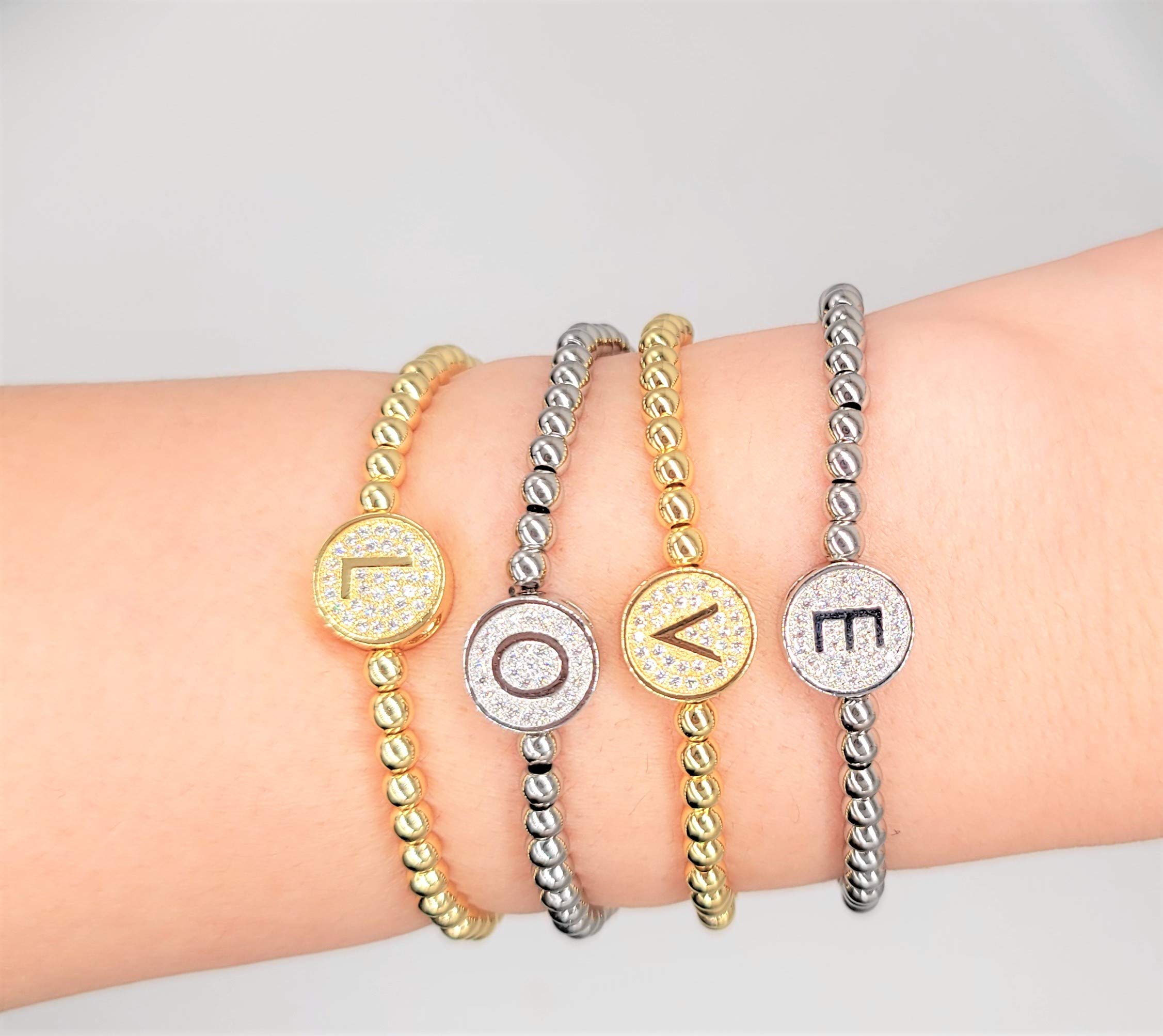 by you Initial Bracelets for Women 26 Letters Alphabet Round Charm Stainless Steel Gold Silver Beaded ball Bracelets (Silver - C)