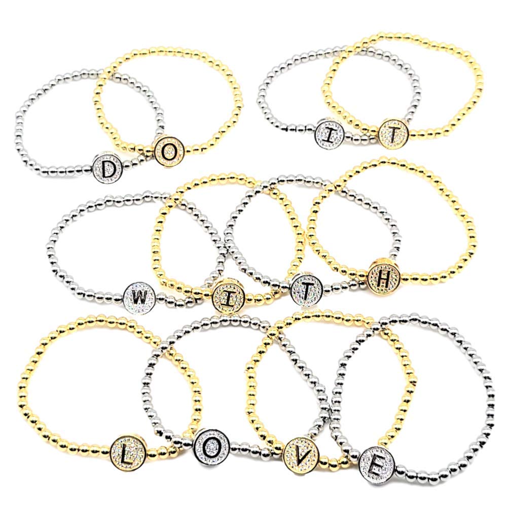 by you Initial Bracelets for Women 26 Letters Alphabet Round Charm Stainless Steel Gold Silver Beaded ball Bracelets (Silver - C)