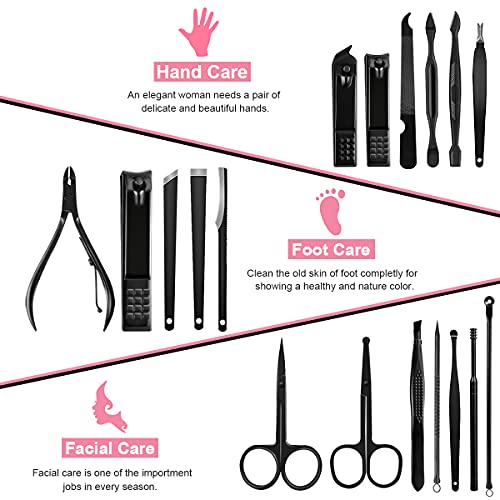 Manicure Set Professional Nail Clippers Kit Pedicure Care Tools- Stainless Steel Grooming Kit 18Pcs for Travel or Home (Black/Pink)