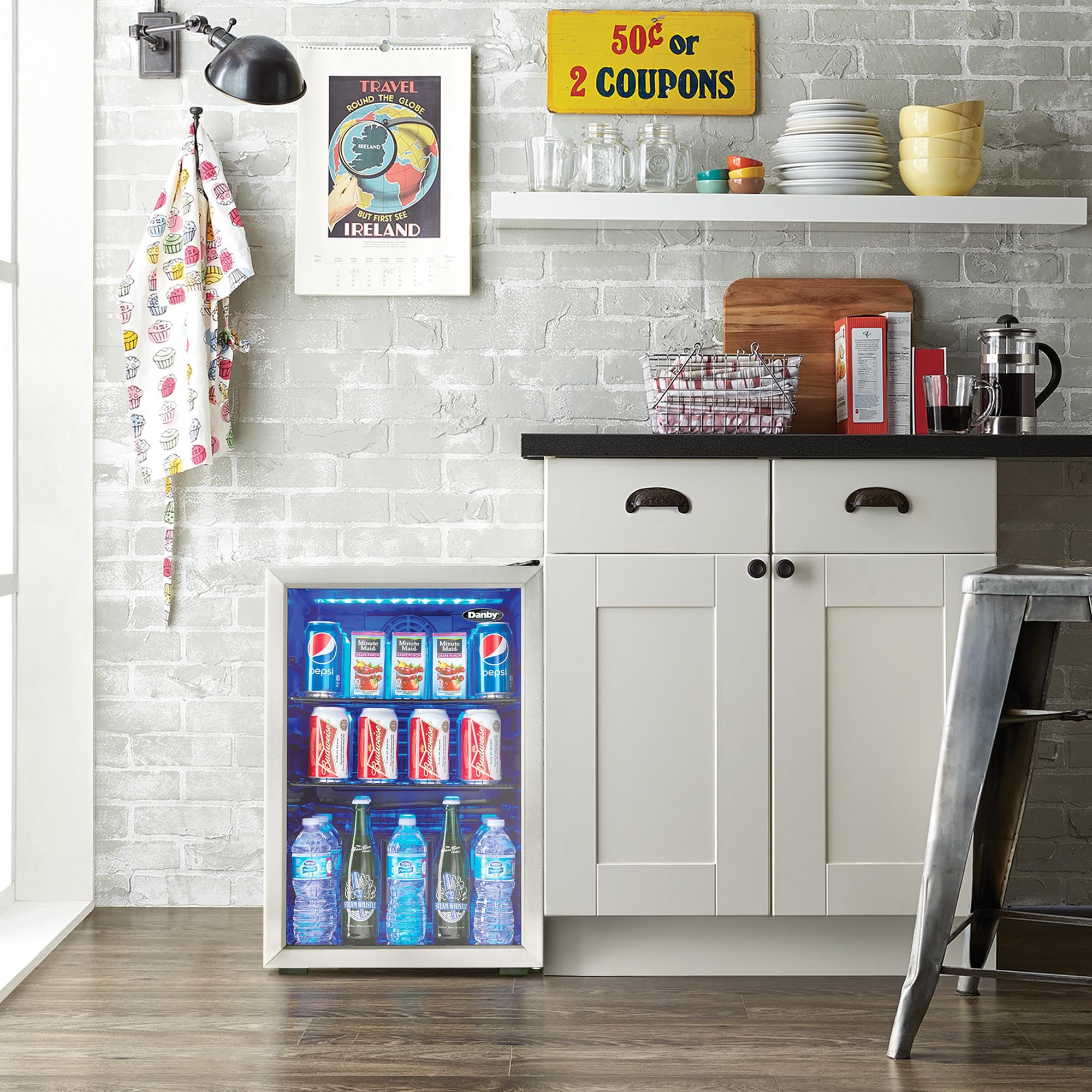 Danby DBC026A1BSSDB 95 Can Beverage Center, 2.6 Cu.Ft Refrigerator for Basement, Dining, Living Room, Drink Cooler Perfect for Beer, Pop, Water, Black/Stainless-Steel