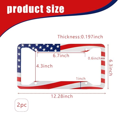 Hawyet 2 PCS American Flag Car License Plate Frame with Screws, Metal License Plate Fastern Decorative Accessories Set with 4 Holes, Universal Plate Frame Covers with Screws Fasteners Caps (Red)