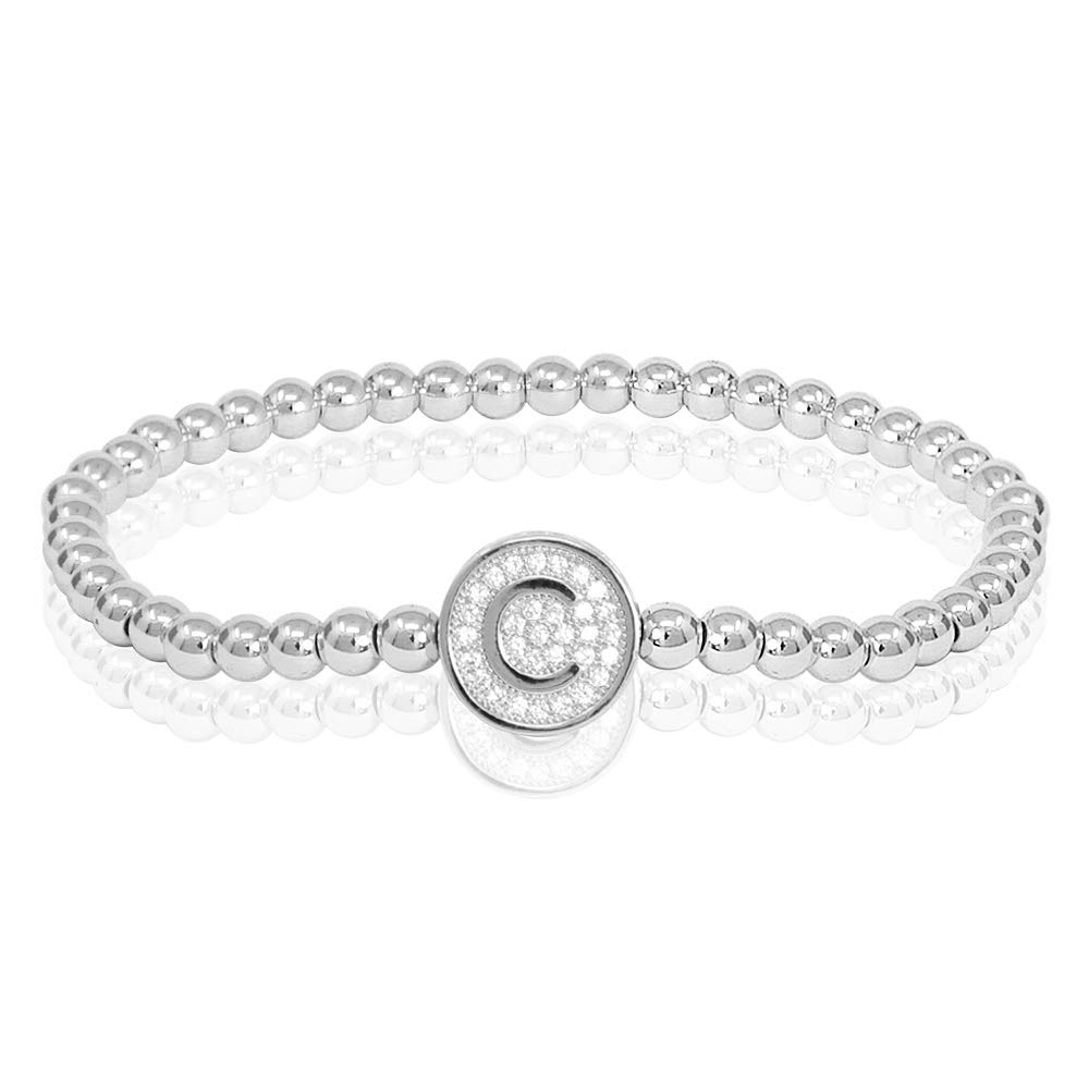 by you Initial Bracelets for Women 26 Letters Alphabet Round Charm Stainless Steel Gold Silver Beaded ball Bracelets (Silver - C)
