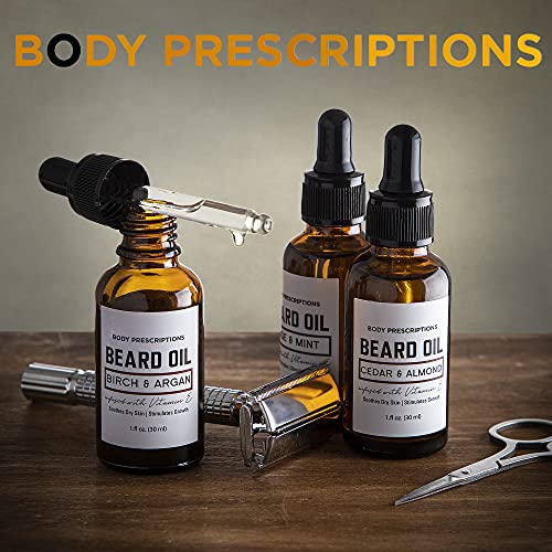 Body Prescriptions 3 Pack Revitalizing Beard Oil in Glass Bottles- Cedar & Almond, Sage & Mint, Birch & Argan Scented Beard Care, 1 fl oz/ (30 ml)