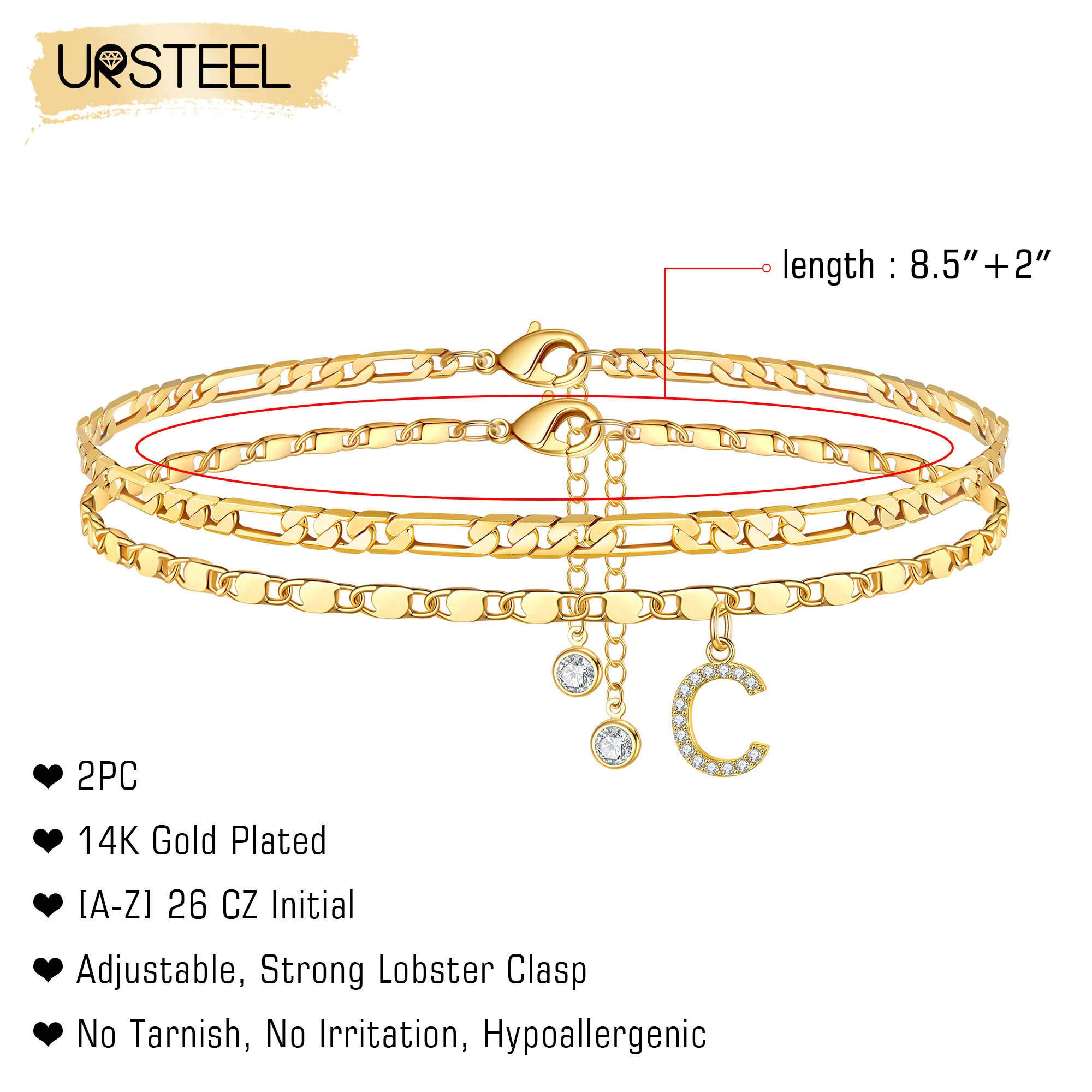 Ursteel Ankle Bracelets for Women, C Initial Anklet 14K Gold Plated Dainty Adjustable Layered Chain CZ Letter C Initial Anklets Set Summer Jewelry Gifts Anklets for Women