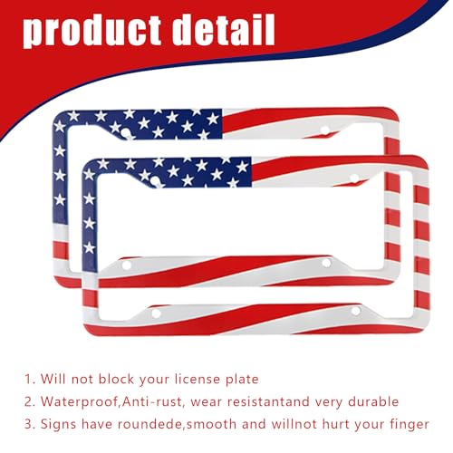 Hawyet 2 PCS American Flag Car License Plate Frame with Screws, Metal License Plate Fastern Decorative Accessories Set with 4 Holes, Universal Plate Frame Covers with Screws Fasteners Caps (Red)