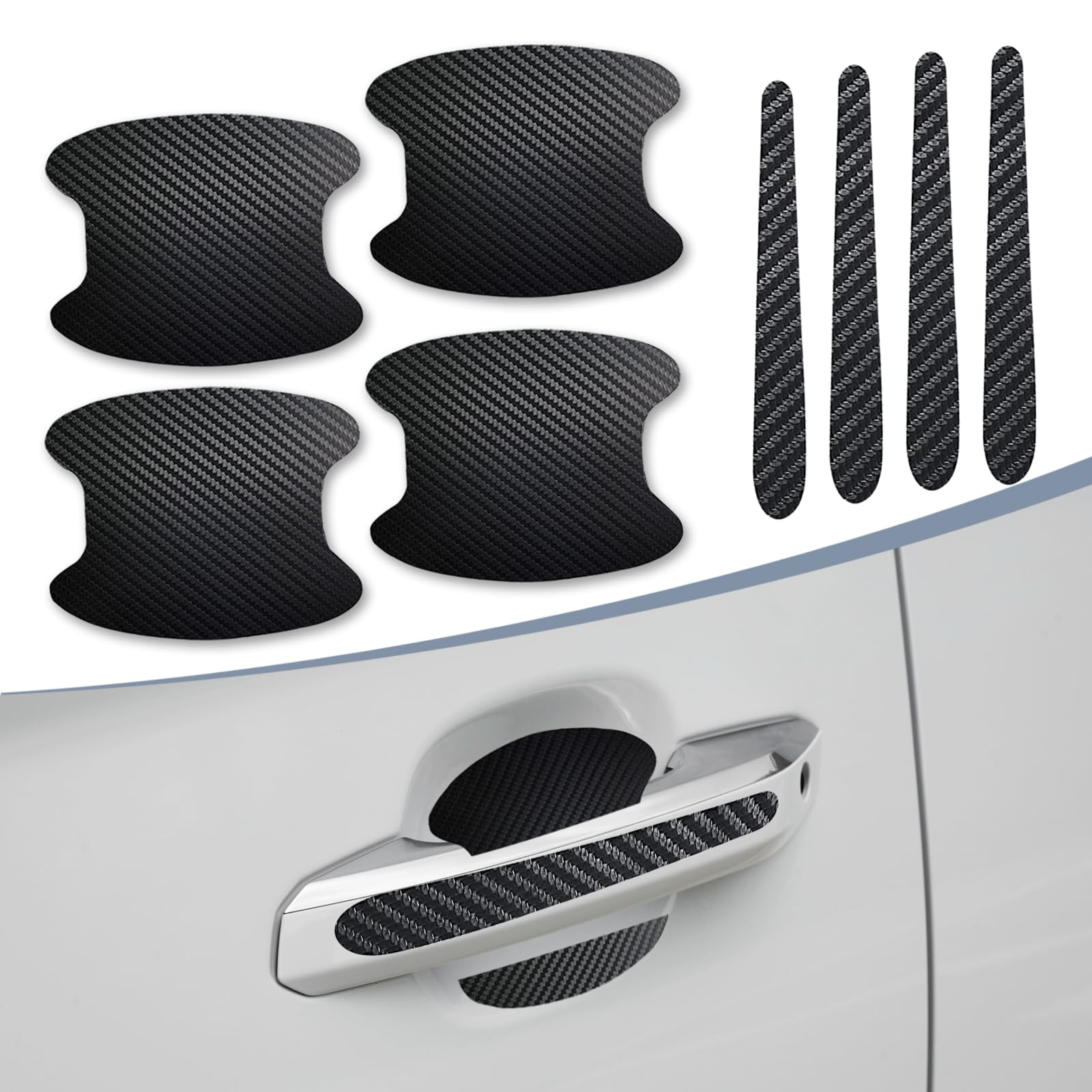 ZKFAR 8 PCS Carbon Fiber Black Leather Door Bowl Sticker for Car, Door Handle Scratch Protector, Universal Fit