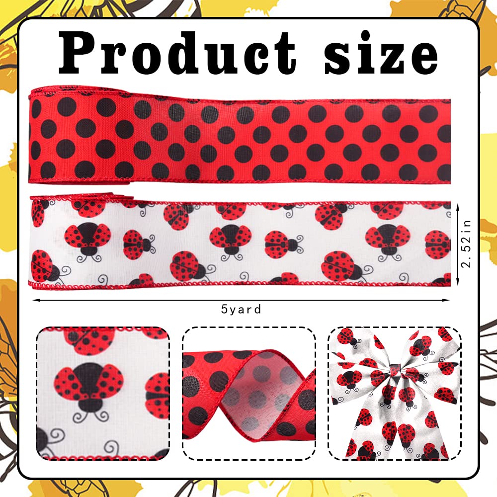 Hying 2 Rolls Spring Ladybug Ribbons Wired for Wreath Bows Wrapping Gifts, Red Polka Dot Ribbon for Gift Wrapping Birthday Party Decoration DIY Crafts, 2.5" X 10 Yards Red Lady Bug Wired Edge Ribbon