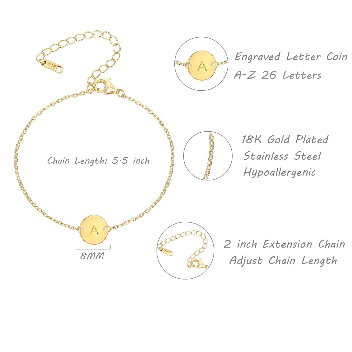 Ovian Initial Charm Bracelet for Women 18K Gold Plated stainless steel Coin Disc Engraved Letter C Bracelet Personalized Monogram Name Bracelet