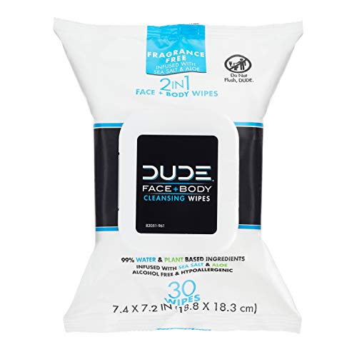 DUDE Wipes Face and Body Wipes - 1 Pack, 30 Wipes - Unscented Wipes with Sea Salt & Aloe - 2-in-1 Body & Face Wipes - Alcohol Free and Hypoallergenic Cleansing Wipes