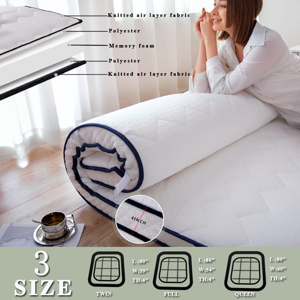 GYK Thicken Memory Foam Mattress Topper,Foldable Camping Road Trip Japanese Floor Futon,Tatami Mat Sleeping Pad,Knitted air Layer Cotton Fabric,Four-Sided Has Breathable Mesh,Cool Sleep