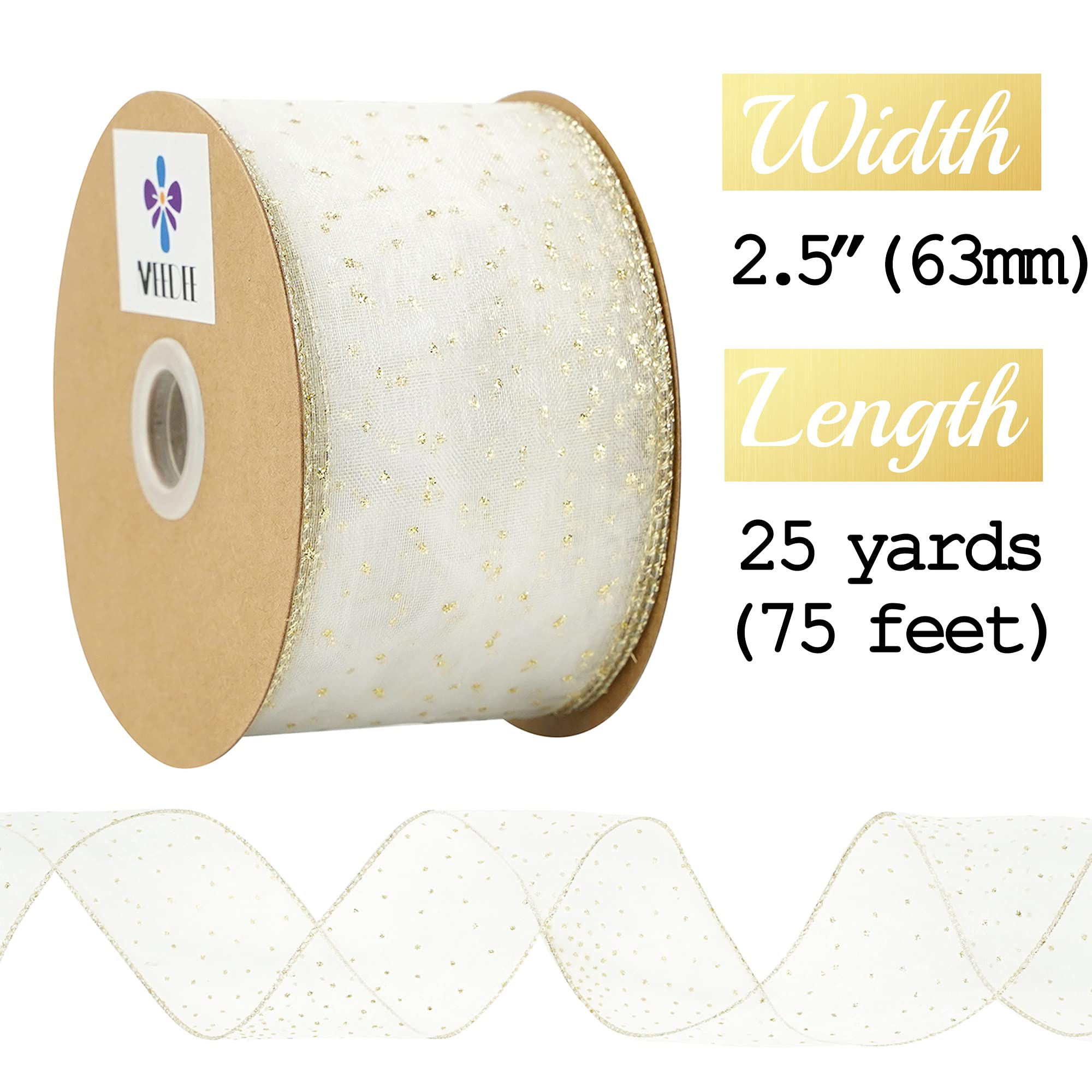MEEDEE White Gold Wired Ribbon - 2.5 Inch Glitter Polka Dot Christmas Ribbon, 25 Yards for Tree, Wreath, Bow Making