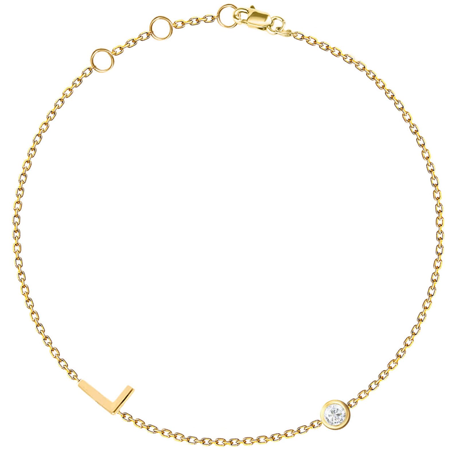 14k Gold or Silver Personalized Sideways Initial Letter Bracelet - Customize Your Solitaire Diamond Bracelet - Ideal Gift for Birthday, Weddings, Christmas, Engagements, Anniversaries