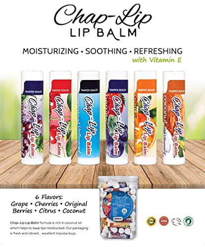 Chap-Lip Vitamin E Lip Balm with Coconut Oil - Lip Moisturizer Treatment - Moisturizing, Soothing, & Refreshing, Total Hydration Treatment & Lip Therapy - Assortment of 6 Refreshing Flavors, 48 Count