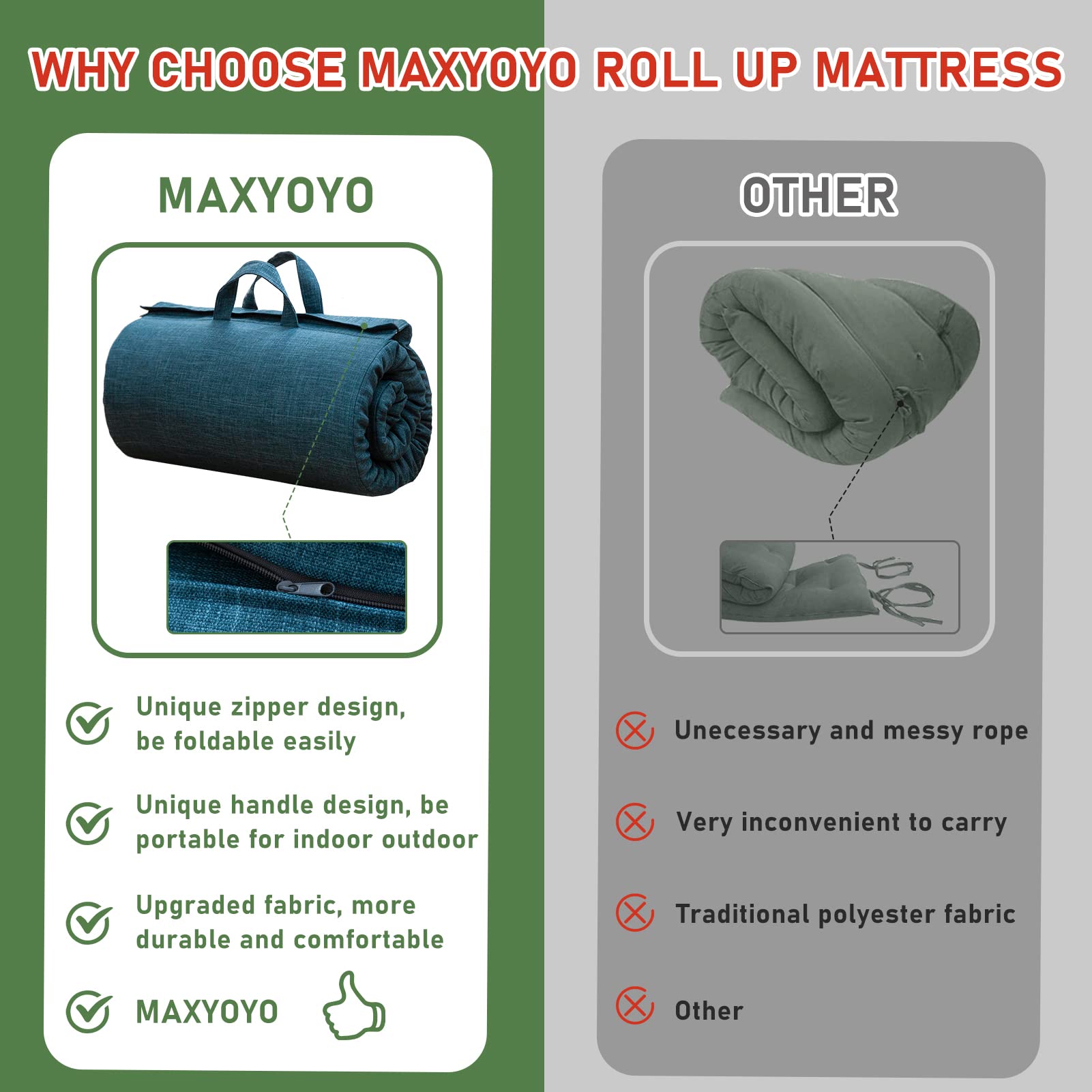 MAXYOYO Roll Up Mattress Sleeping Mat, Floor Futon Mattress for Outdoor Indoor, Upgraded Portable and Foldable Mattress, Bluestone Twin Mattress, 75x36 Inch
