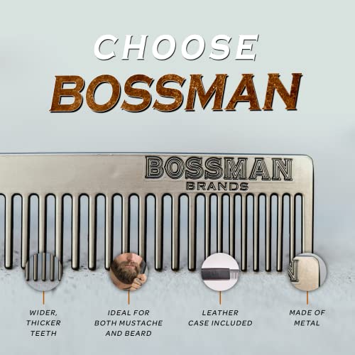 Bossman Metal Comb for Men - Hair and Beard Comb - Accessories for Men's Mustache, Beard and Hair Care with Leather Pocket Case (Black)