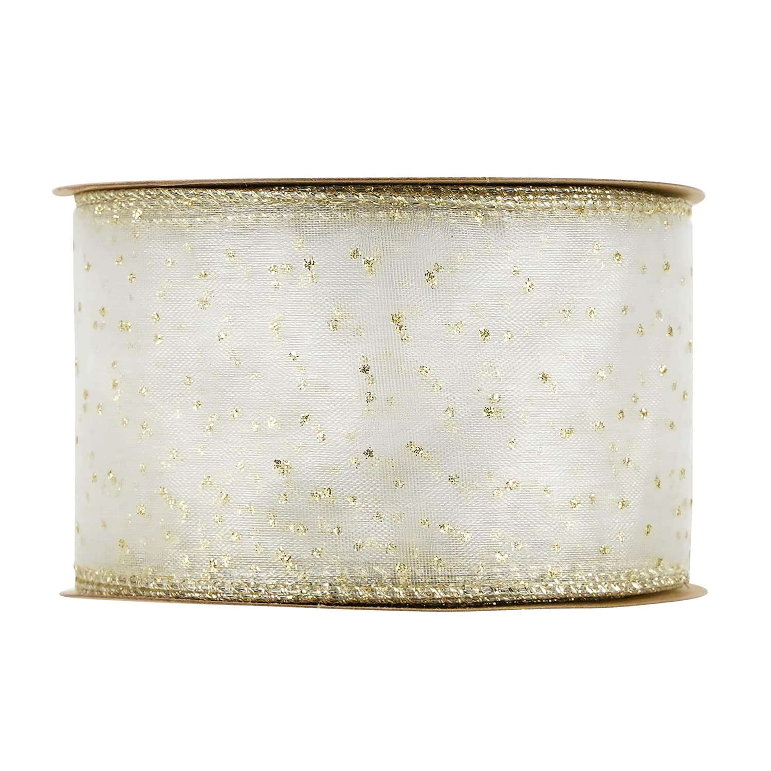 MEEDEE White Gold Wired Ribbon - 2.5 Inch Glitter Polka Dot Christmas Ribbon, 25 Yards for Tree, Wreath, Bow Making