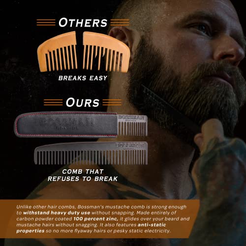 Bossman Metal Comb for Men - Hair and Beard Comb - Accessories for Men's Mustache, Beard and Hair Care with Leather Pocket Case (Black)