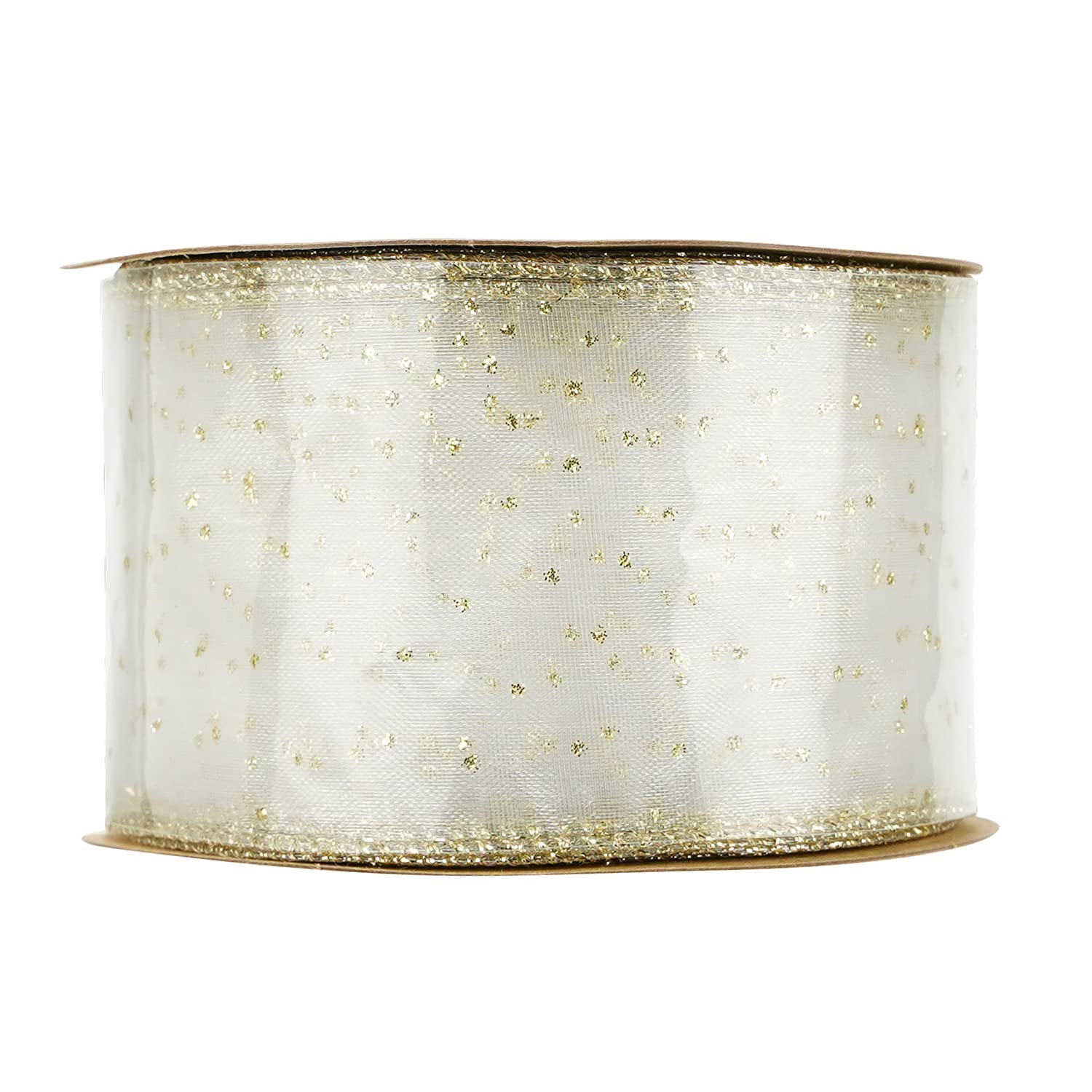 MEEDEE White Gold Wired Ribbon - 2.5 Inch Glitter Polka Dot Christmas Ribbon, 25 Yards for Tree, Wreath, Bow Making