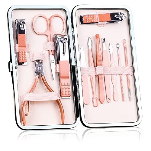 leiwo Manicure Set ,Pedicure Kit Nail Scissors Stainless Steel Professional Toenails Cuticle Cutter Clipper Fingernails Grooming Kit with Pink Leather Travel Case (12pcs Pink)
