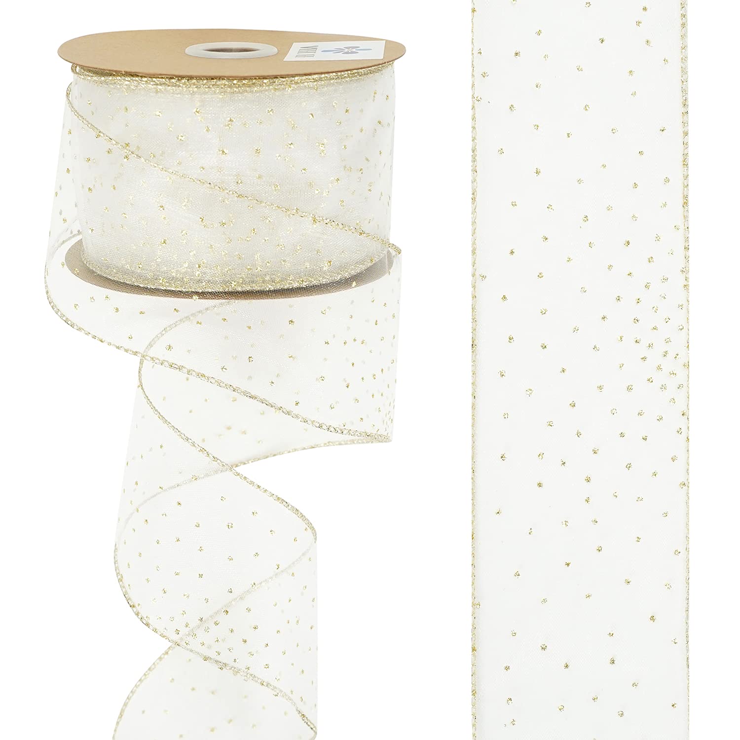 MEEDEE White Gold Wired Ribbon - 2.5 Inch Glitter Polka Dot Christmas Ribbon, 25 Yards for Tree, Wreath, Bow Making