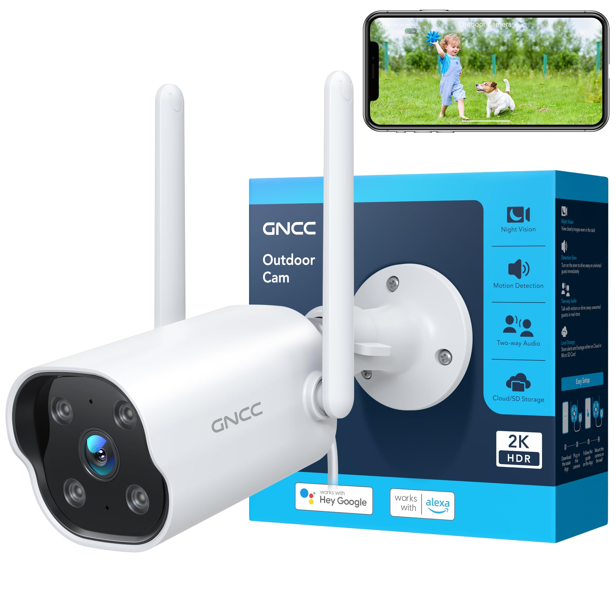 GNCC Outdoor Camera, 2K Cameras for Home Security Outside, Home Security Cameras, Motion Detection, Night Vision, 24/7 Recording, 2 Way Audio, Waterproof, Cloud & Local, Plug-in, APP Control