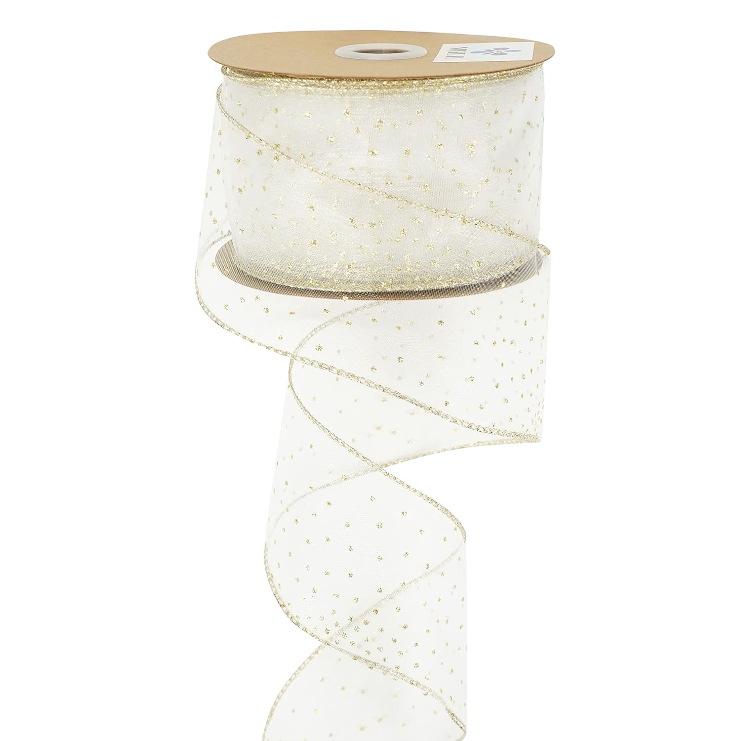 MEEDEE White Gold Wired Ribbon - 2.5 Inch Glitter Polka Dot Christmas Ribbon, 25 Yards for Tree, Wreath, Bow Making
