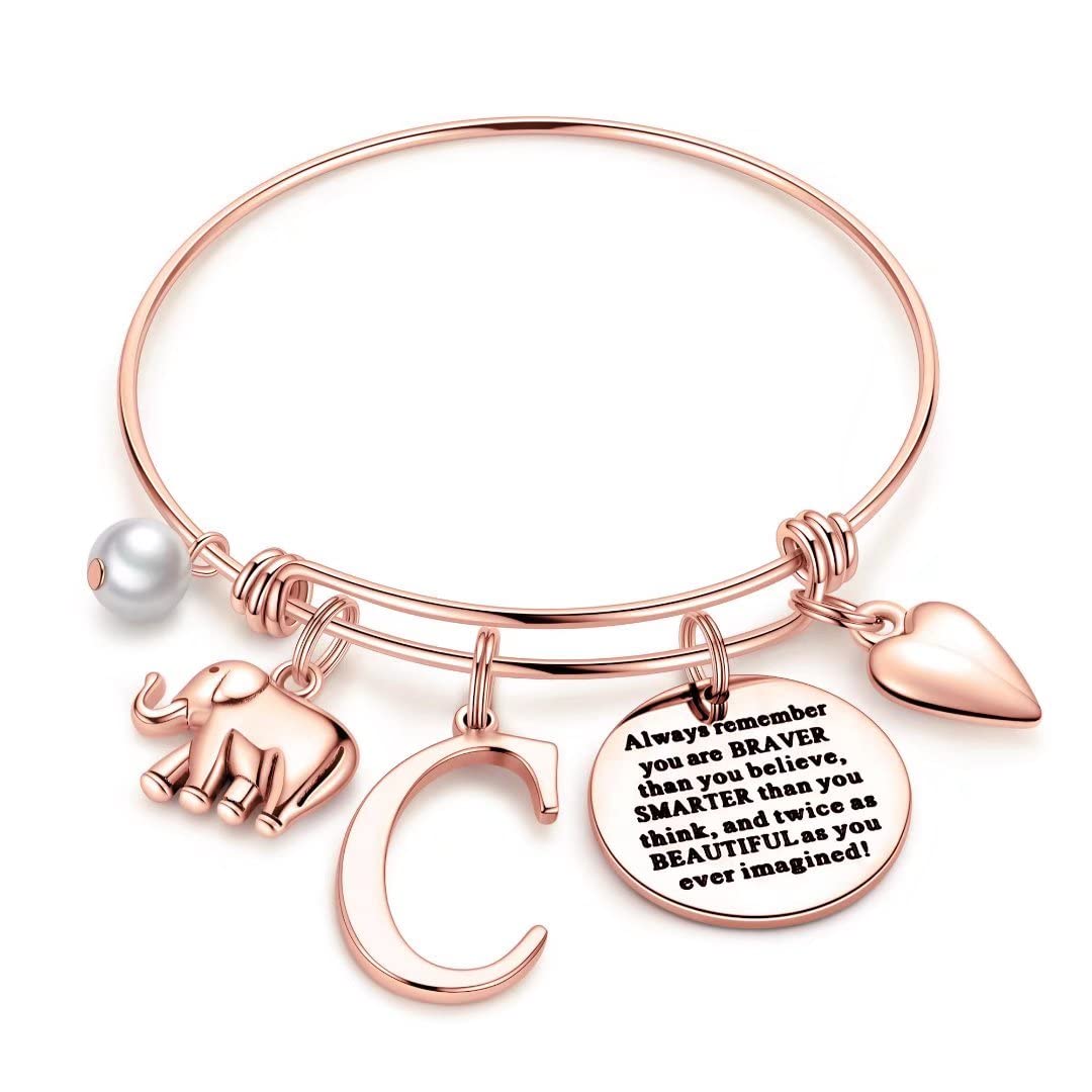 M MOOHAM Elephant Gifts for Women, Letter C Initial Elephant Bracelets for Women Elephant Jewelry, You are Braver than You Believe Inspirational Bracelet Thinking of You Gifts for Women Friends