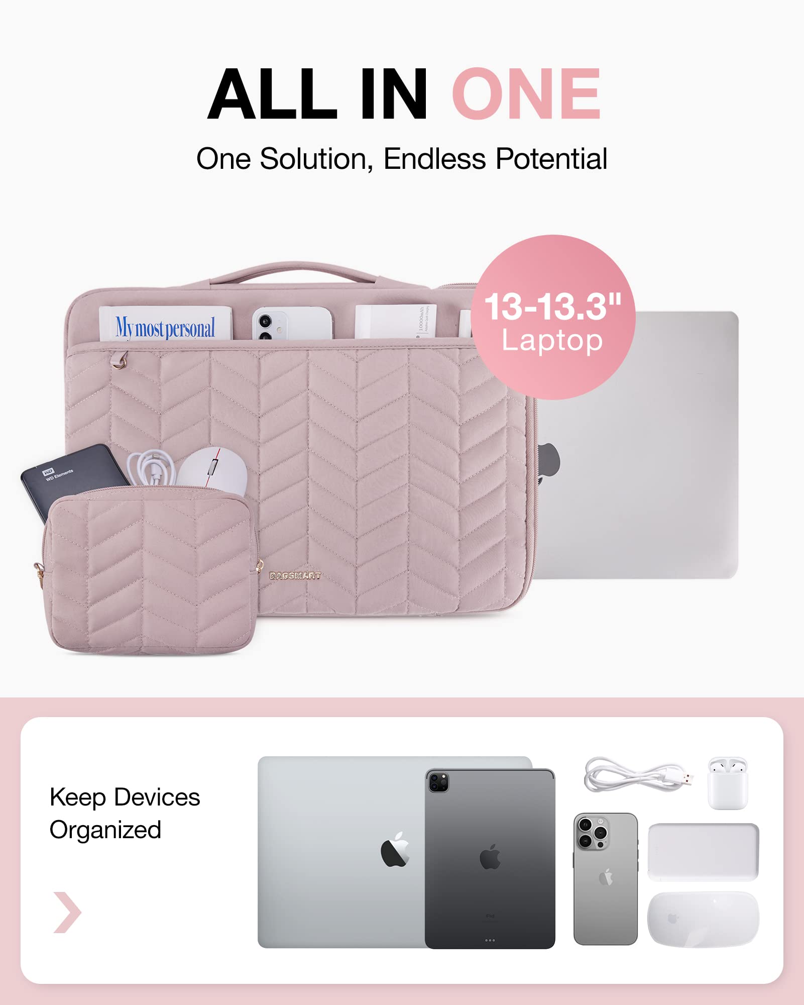 BAGSMART 13-14 inch Laptop Sleeve with Handle, Puffy Padded Case Accessories Bag, MacBook Fitted Air Pro 13.3 14 inch, Computer Dell,HP
