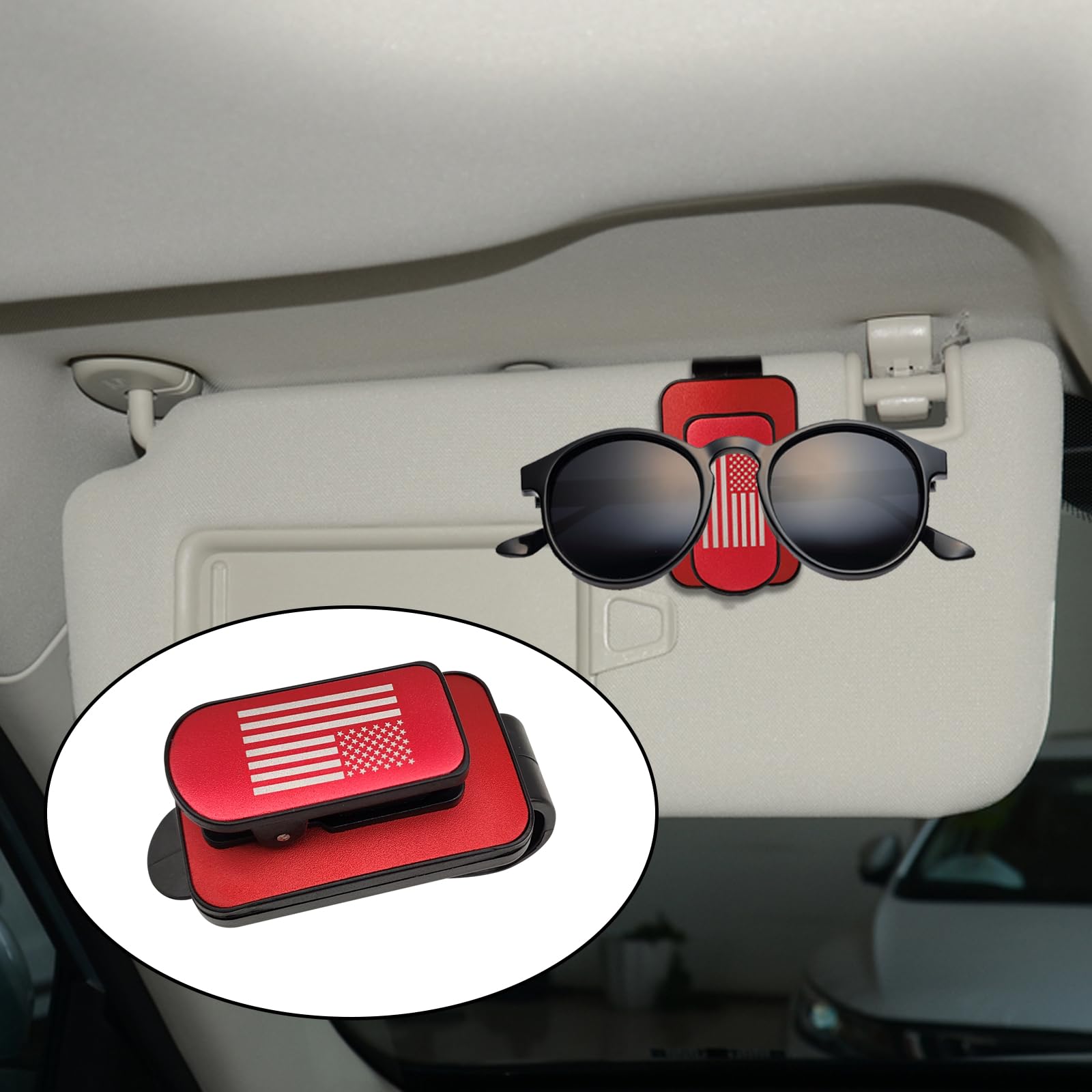 Sunglass Clip for car Visor, Multi-Function Ticket Card Clip, Automotive US Flag Car Accessories Ticket Card Glasses Clip for Car SUV Truck (Black/Red)