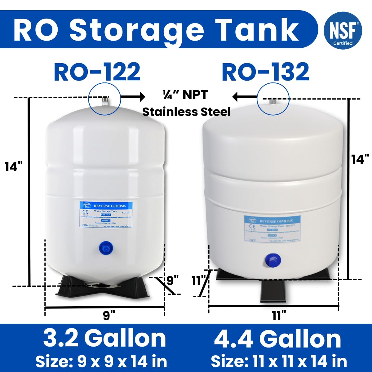 TankPAC RO-122 Reverse Osmosis Tank 3.2 Gallon, PAE RO Tank for Under Sink Water Filter System, Pre-pressurized Water Tank 1/4" NPT, NSF-58, White