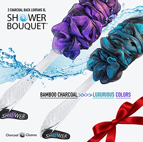 Loofah-Charcoal Back-Scrubbers Color-2-Pack-by-Shower-Bouquet: Long-Handle Bath-Sponge-Brushes with Extra Large Soft Mesh for Men & Women - Exfoliating Full Pure Cleanse in Bathing Accessories