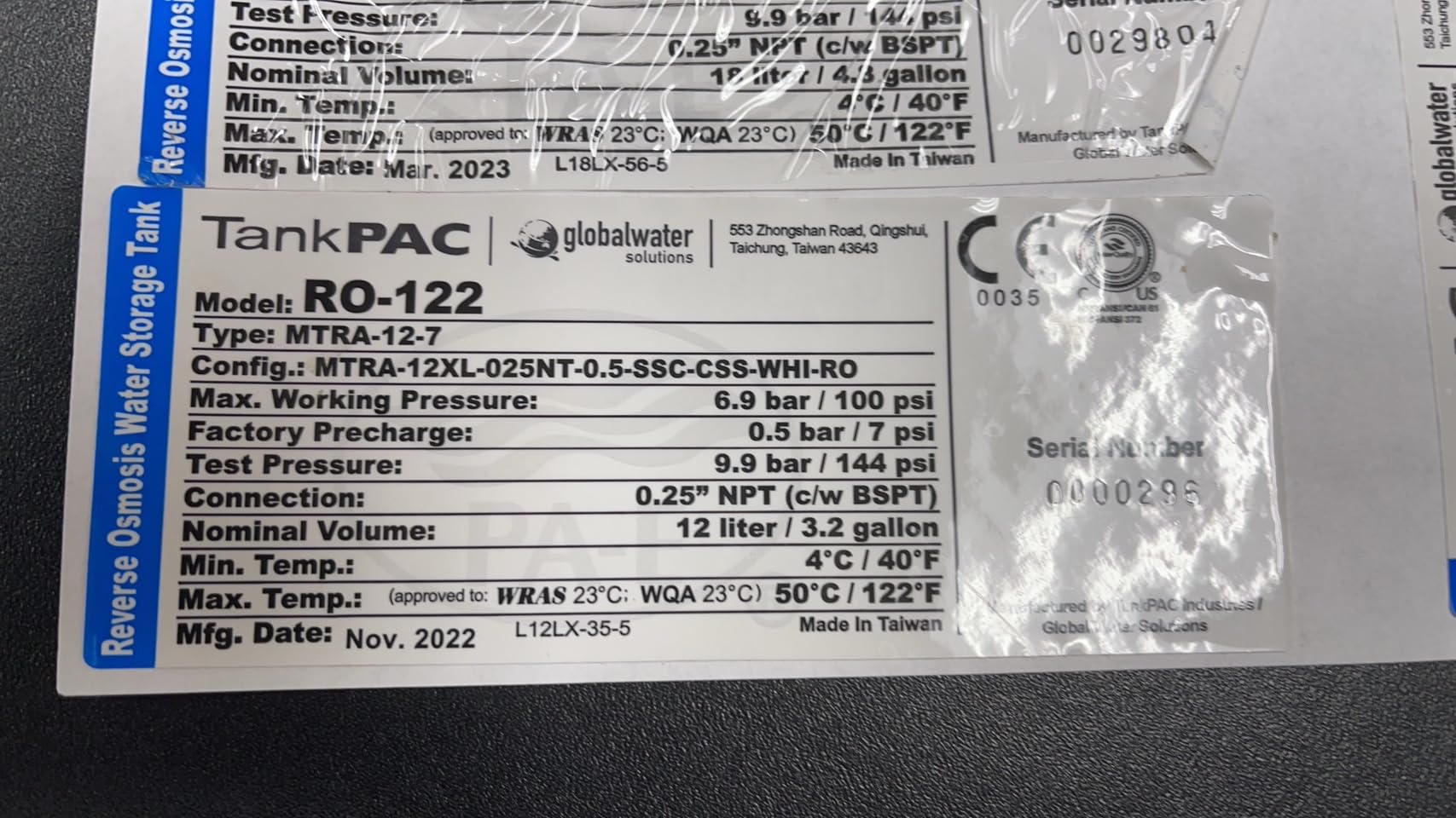 TankPAC RO-122 Reverse Osmosis Tank 3.2 Gallon, PAE RO Tank for Under Sink Water Filter System, Pre-pressurized Water Tank 1/4" NPT, NSF-58, White