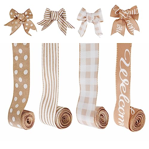 MuRealy Wired Ribbons 20 Yards, 2.5 Inch 4 Rolls Natural Welcome Stripe Polyester Farmhouse Ribbons with Buffalo Plaid Dot Letter for Craft DIY Wreaths Christmas Deco, Gifts Wrapping