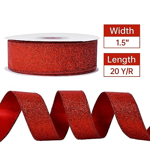 YAMA Glitter Wired Ribbon, Red, 1-1/2 inch x 20 Yards, for Christmas, Gift Wrapping, Wreath, Crafts, Bow Making and Party Decoration