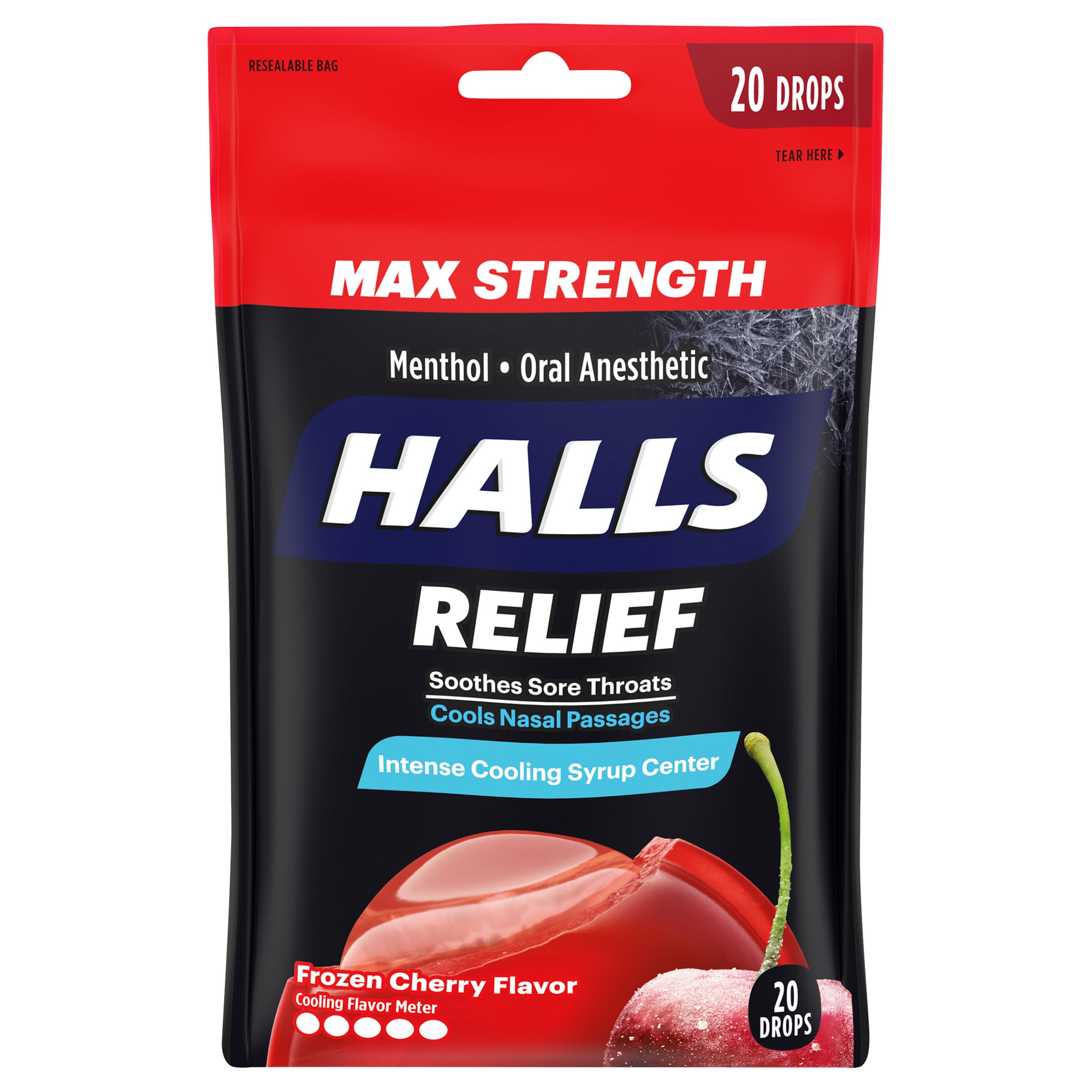 HALLS Relief Max Strength Frozen Cherry Cough Drops, 20 Drops