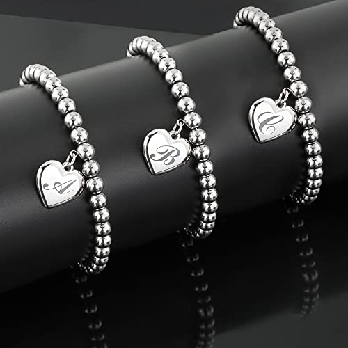 Estendly Initial Heart Charm Bracelets for Kids 6mm Stainless Steel Beaded Delicate Letters C Bracelet Jewelry Birthday Gift for Sister