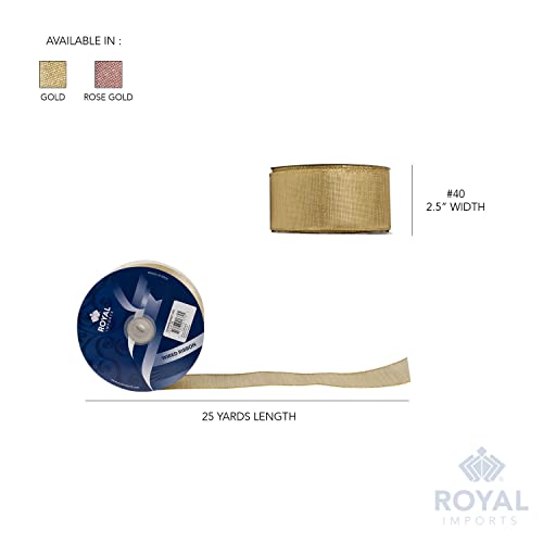Royal Imports Metallic Christmas Ribbon Wired, Gold, 2.5"(#40) Holiday Design for Bow Making, Gift Wrapping, Wreaths, 25 Yd Roll (75 FT Spool)