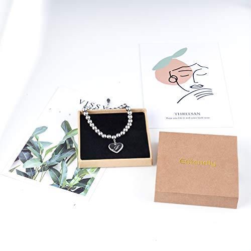 Estendly Initial Heart Charm Bracelets for Kids 6mm Stainless Steel Beaded Delicate Letters C Bracelet Jewelry Birthday Gift for Sister