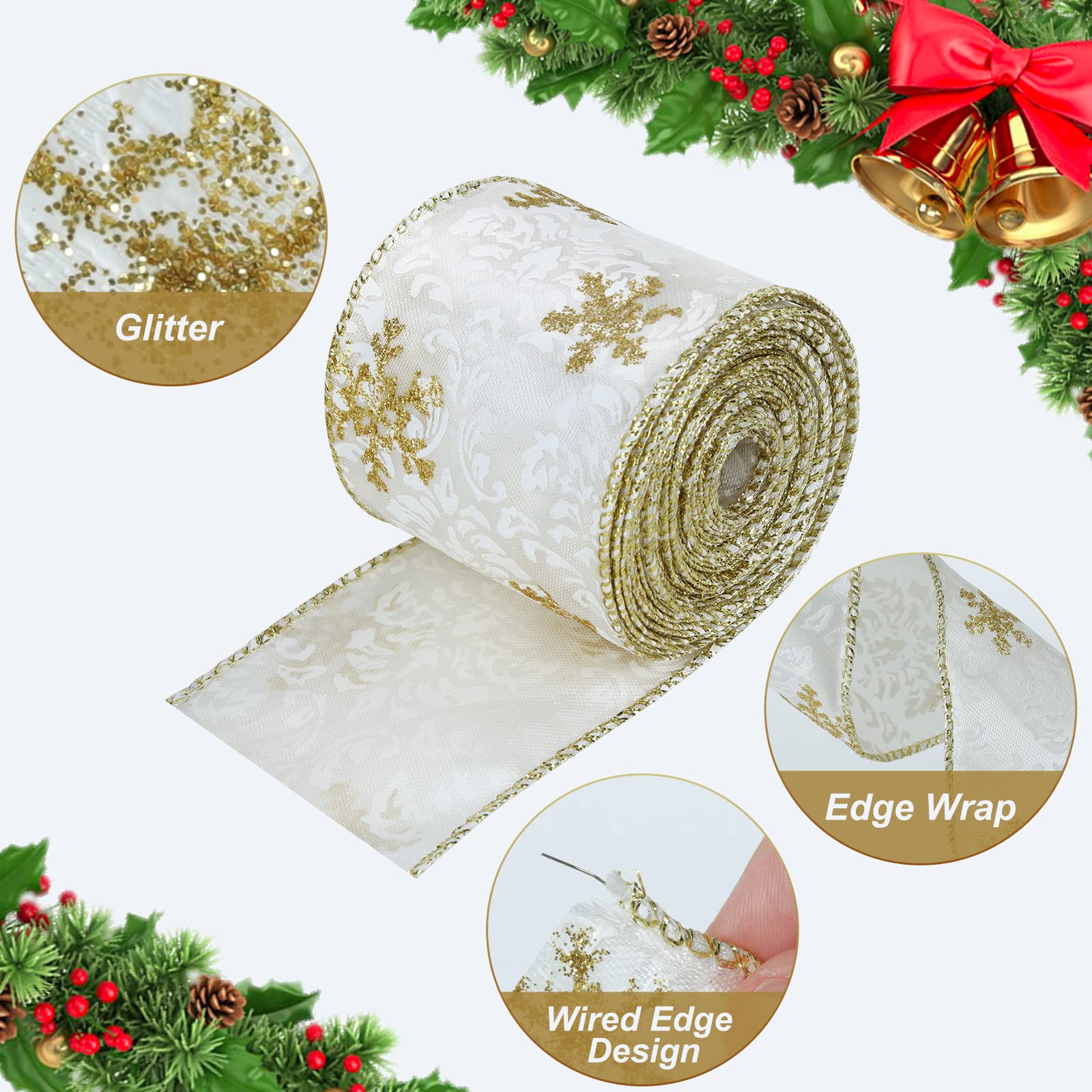 Arquiel 6 Rolls Christmas Ribbon Wired, 2.5" x 6 Yards Gold Ribbons Ornaments with Glitter for Xmas Tree Gift Wrapping Bow Decoration, White & Gold Ribbons