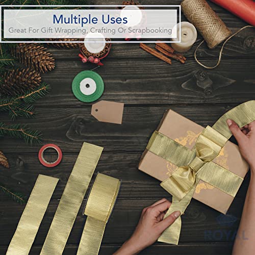 Royal Imports Metallic Christmas Ribbon Wired, Gold, 2.5"(#40) Holiday Design for Bow Making, Gift Wrapping, Wreaths, 25 Yd Roll (75 FT Spool)