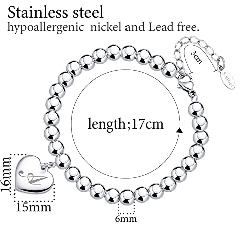 Estendly Initial Heart Charm Bracelets for Kids 6mm Stainless Steel Beaded Delicate Letters C Bracelet Jewelry Birthday Gift for Sister