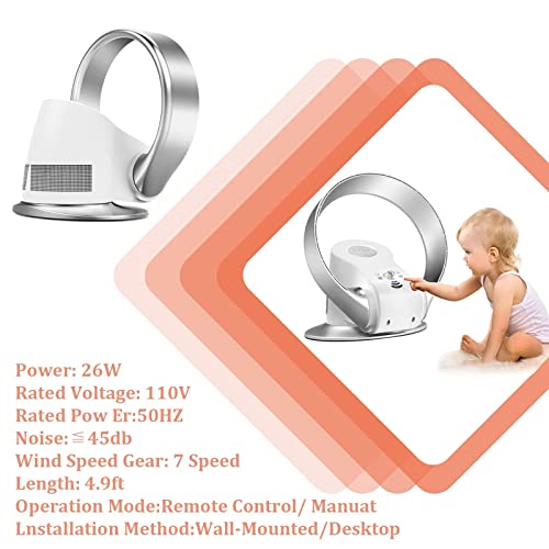 14″Bladeless Wall Fan, 26W Desktop Cooling Fan With Remote/Timer, For Home Living Room Office