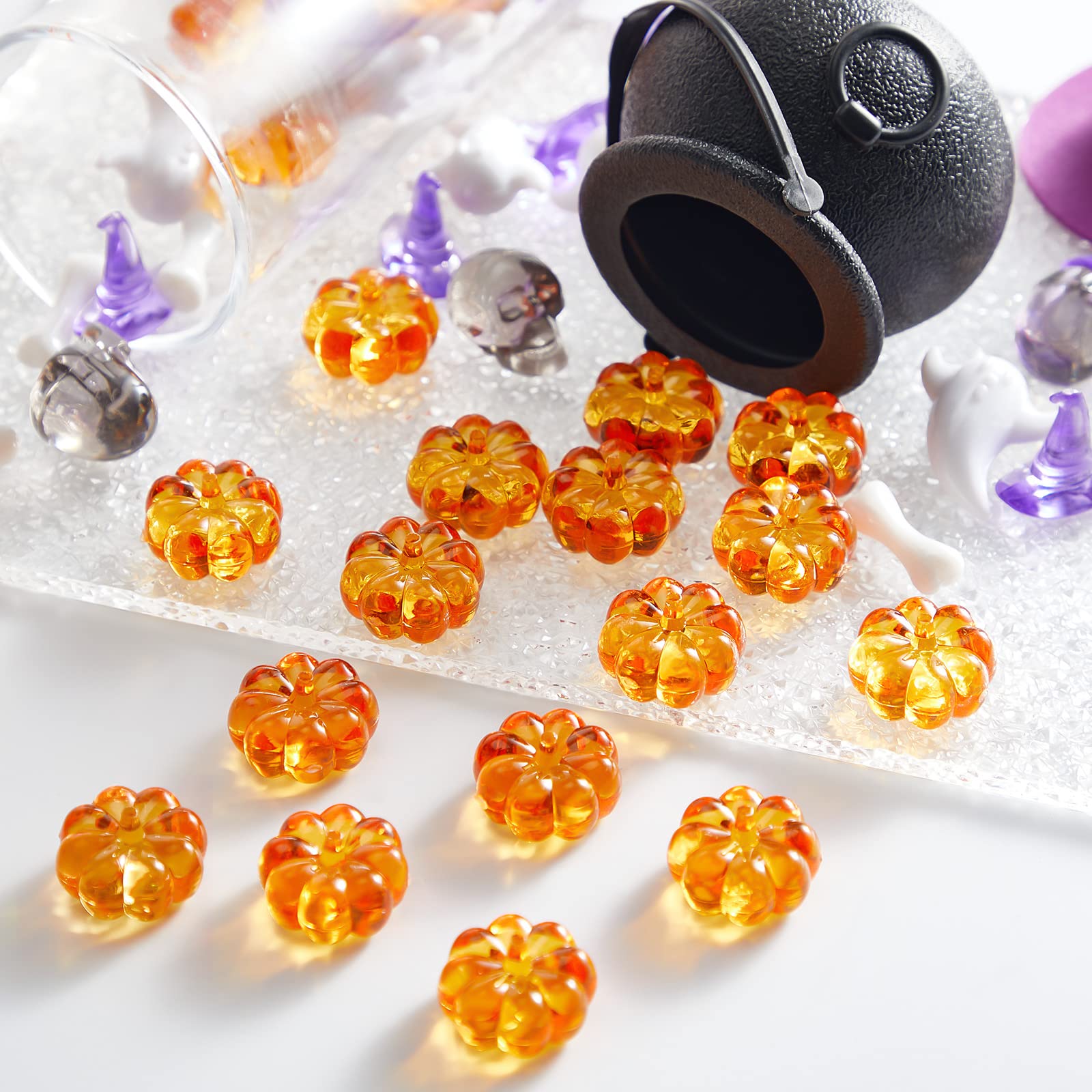 240 Pcs Halloween Mini Acrylic Pumpkin Ornaments Mini Skull Head Small Witch Hats Mini Skeleton Bones Cute Ghost Ornaments Table Scatter Vase Filler for Thanksgiving Fall Autumn Halloween Party