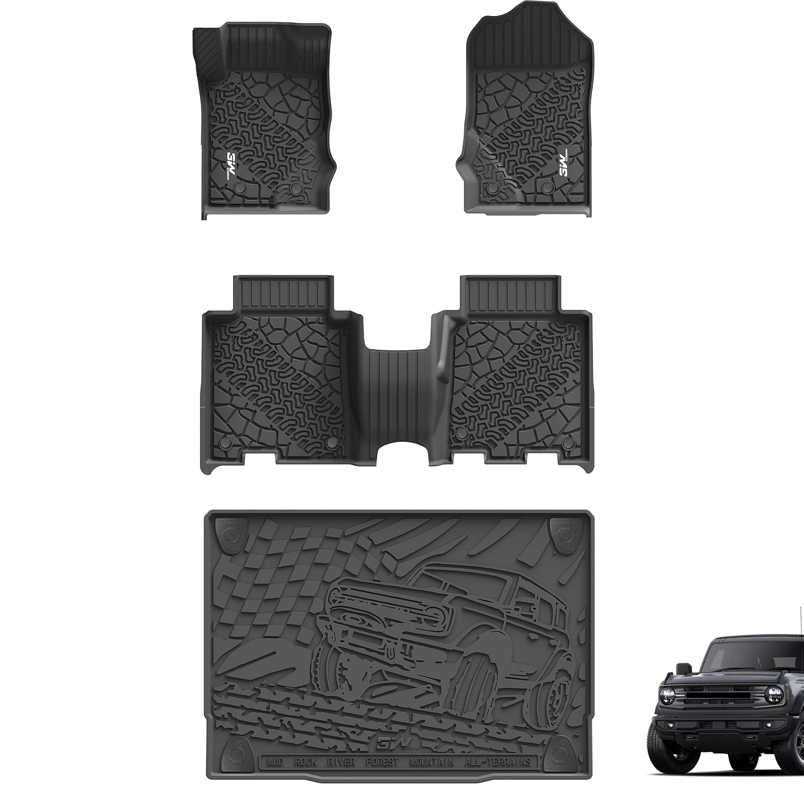 3W Floor Mats & Cargo Liner Fit for 2021-2024 Ford Bronco 4 Door, TPE All Weather Custom Fit Floor Liner 1st 2nd Row and Trunk Mat Full Set Car Mats, Black (Not for Bronco Sport & Rubberized Floor)